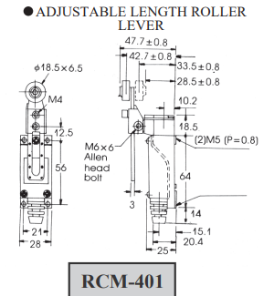 RCM-401 - 5 Amp Mini Limit Switch ADJUSTABLE LENGTH ROLLER LEVER - Relay